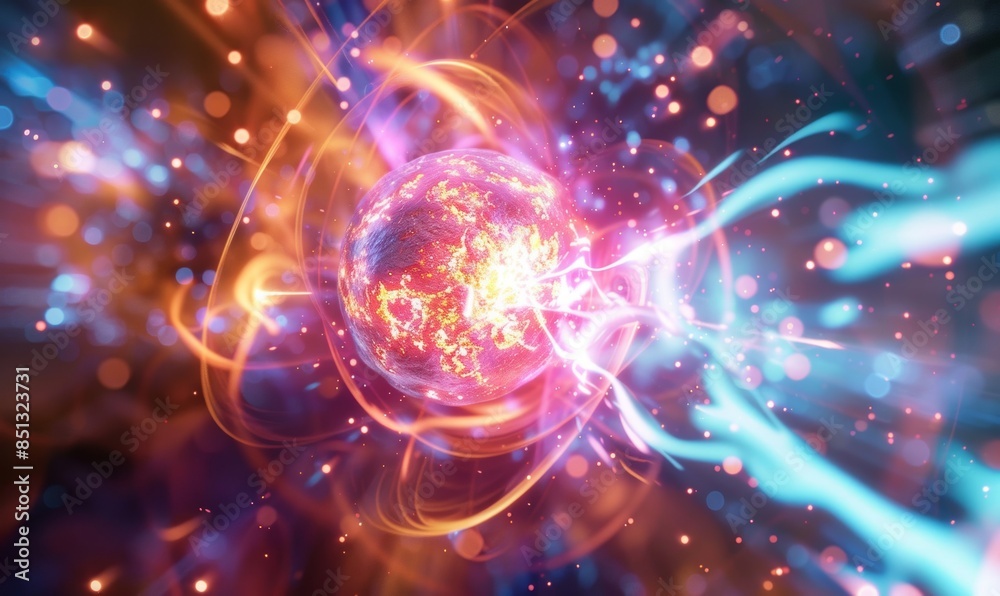 An abstract visualization of radiant atomic particles colliding ...
