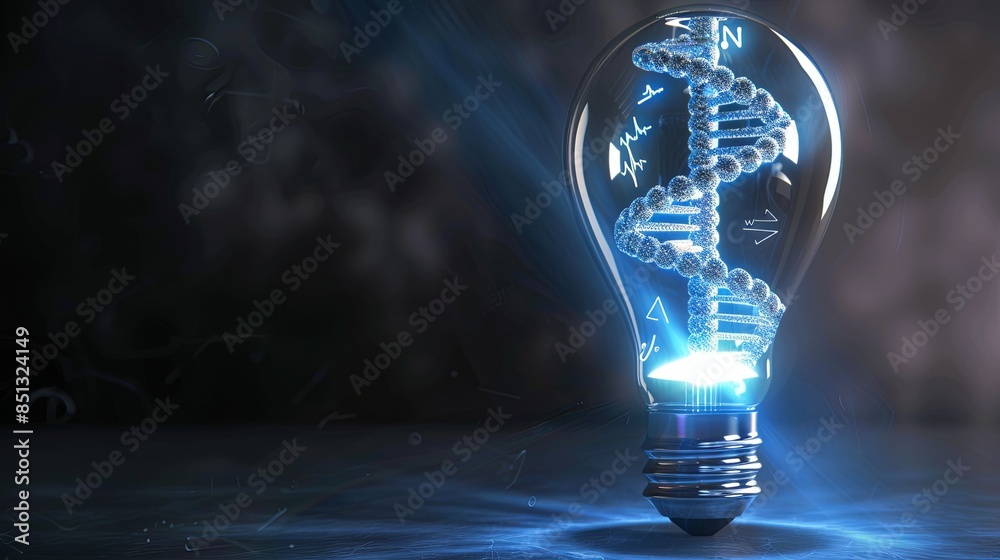 a holographic DNA strand and medical symbols inside of a bulb. medical ...