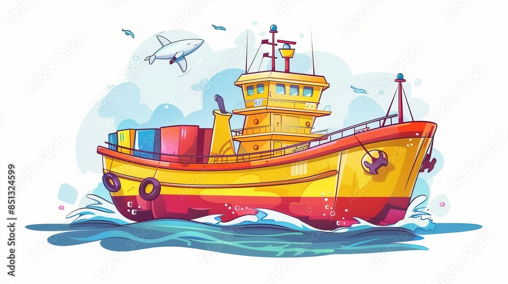 Cute cartoon cargo ship design for t-shirts, icons, logos, labels ...