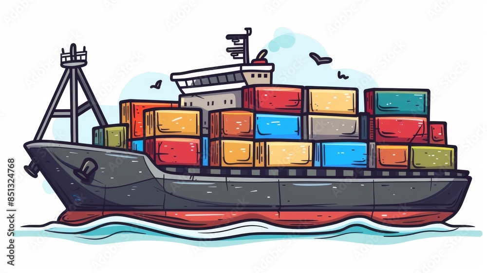 Cute cartoon cargo ship design for t-shirts, icons, logos, labels ...