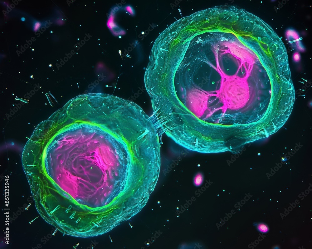 A vibrant depiction of the fluorescent cell division process ...