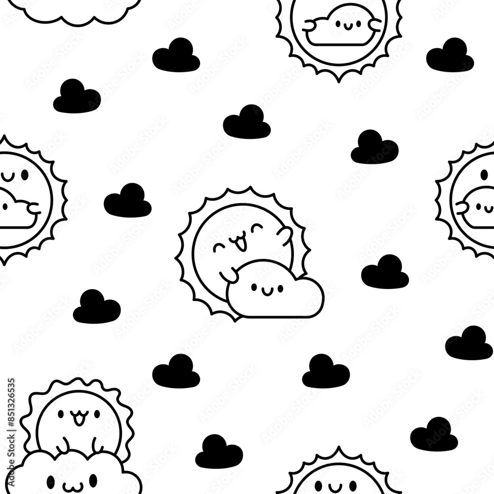 Cute kawaii sun with face. Seamless pattern. Coloring Page. Cartoon ...
