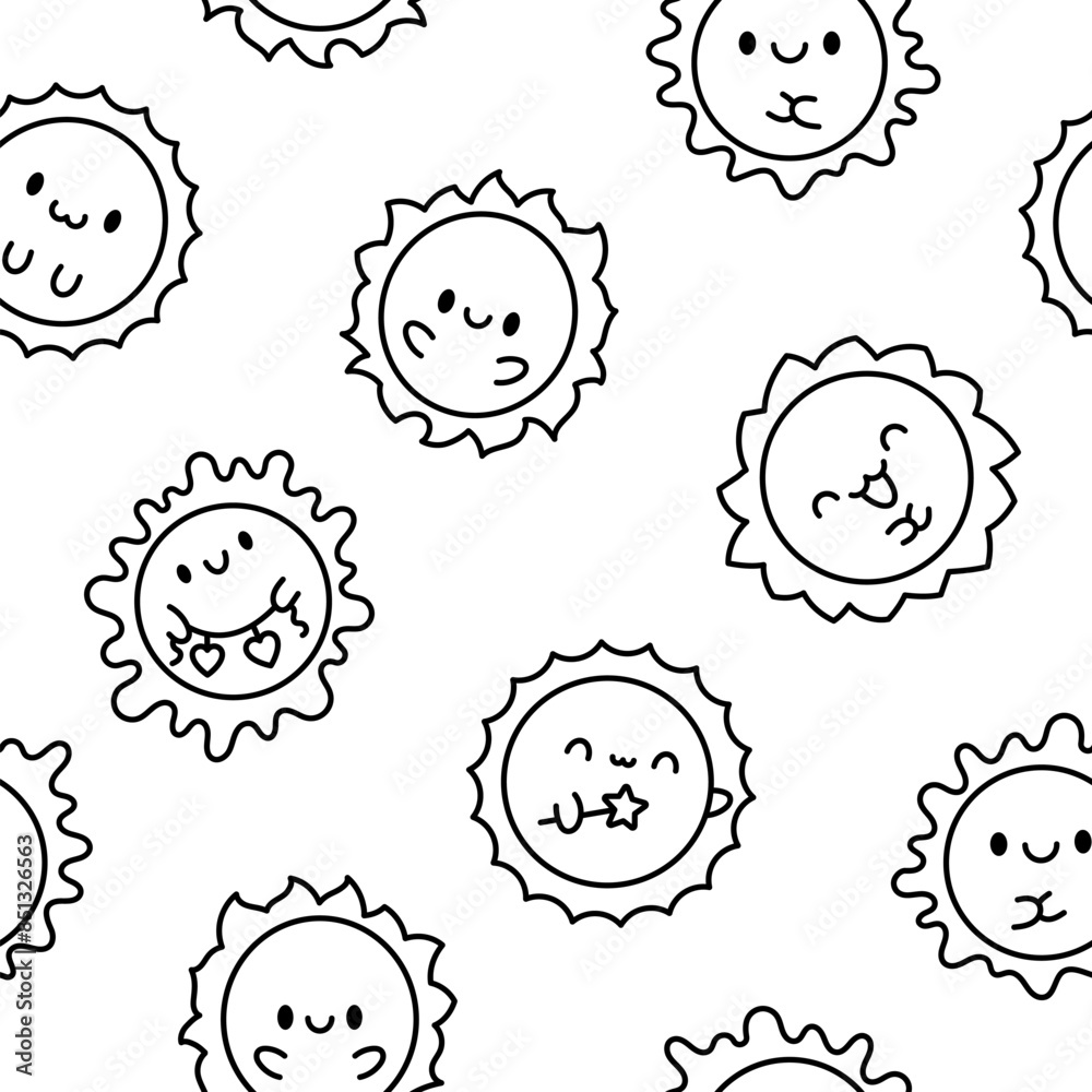 Cute kawaii sun with face. Seamless pattern. Coloring Page. Cartoon ...