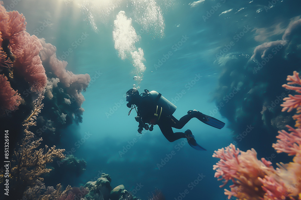 scuba diving in the sea ocean with corals and seaweed. Seaweeds or ...