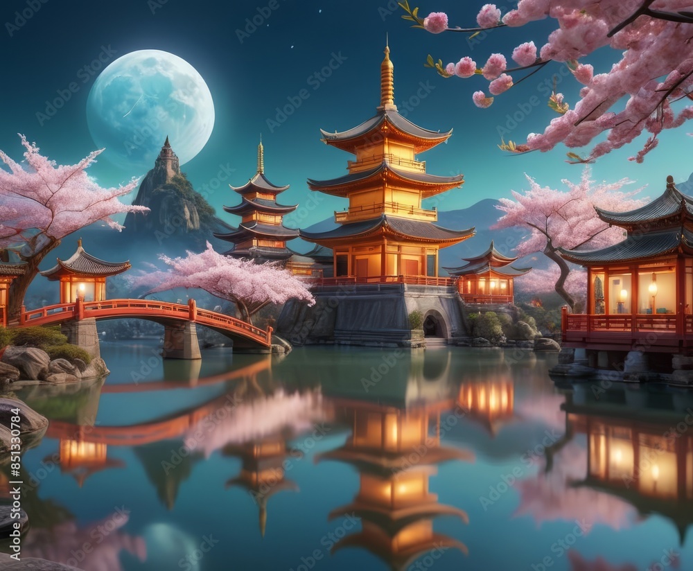 Tranquil Japanese temple garden at night, illuminated by a full moon ...