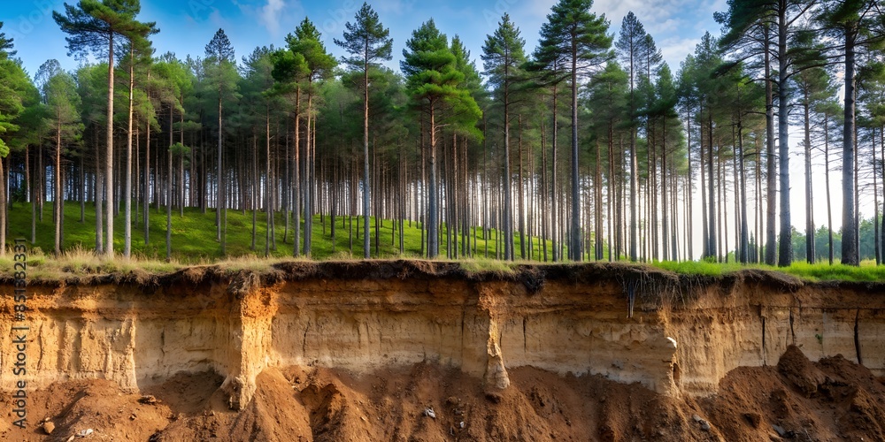 A cross-section of an under pine tree wood grows on soddy-podzolic soil ...