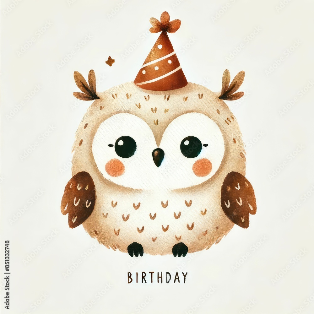 cute owl, birthday theme. earth tone color, watercolor illustration ...