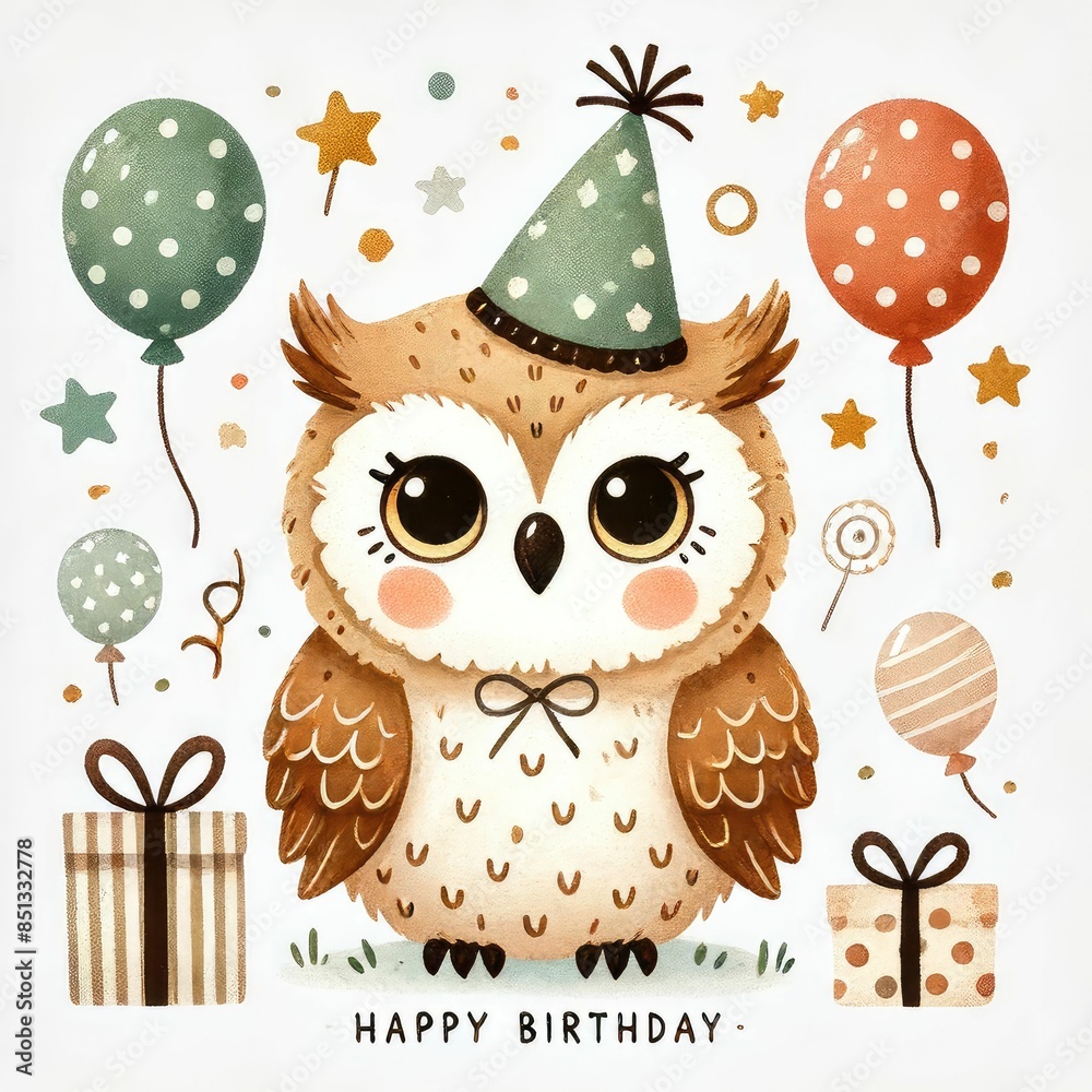 cute owl, birthday theme. earth tone color, watercolor illustration ...