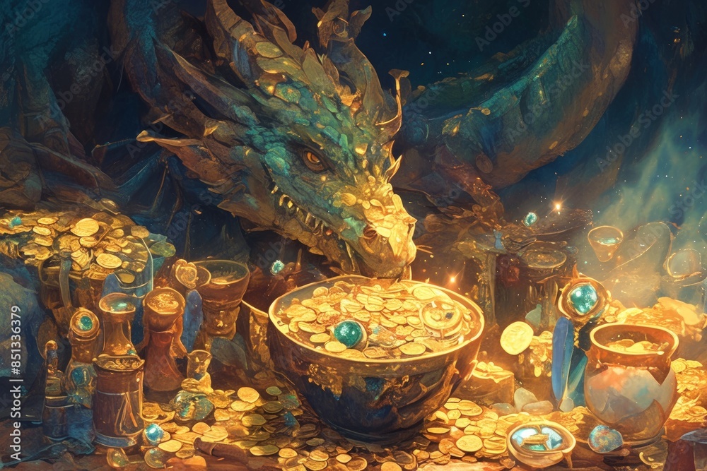 A dragon is sitting on a pile of gold coins. The dragon is surrounded ...