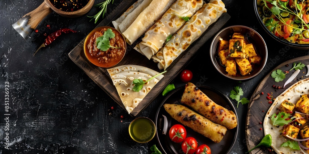 Variety of Indian street food including masala roti paneer paratha and ...