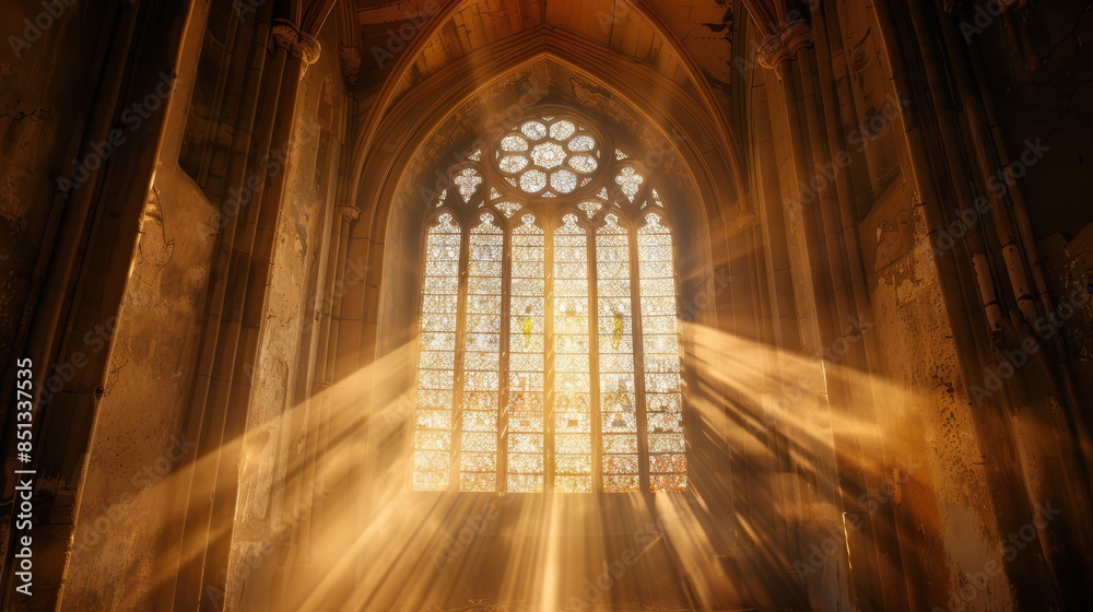 Sunlight streaming through a grand stained-glass window in an ancient ...