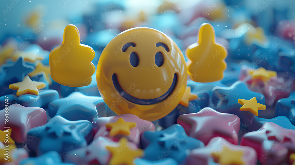 Smiley face surrounded by positive symbols, thumbs-up gestures, stars ...