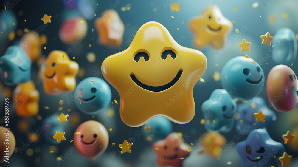 Smiley face surrounded by positive symbols, thumbs-up gestures, stars ...