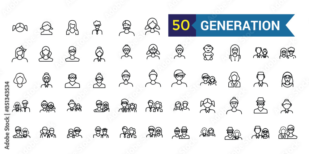 Generation icons set. Outline set of generation vector icons for ui ...