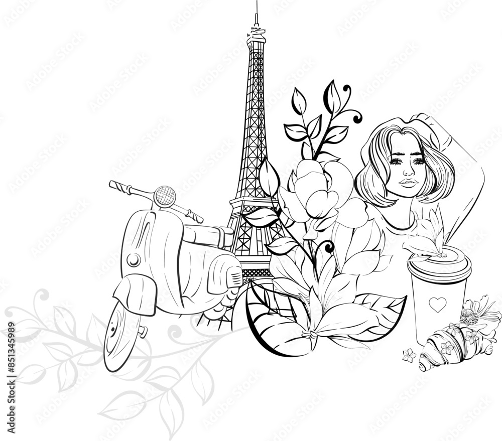 Vector Paris border. Je tame. Eiffel tower with travel to France ...