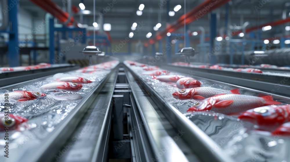 Conveyor line in a seafood processing factory with cans of fish moving ...