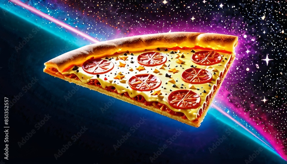 Vivid and playful image of a slice of pepperoni pizza floating in outer ...