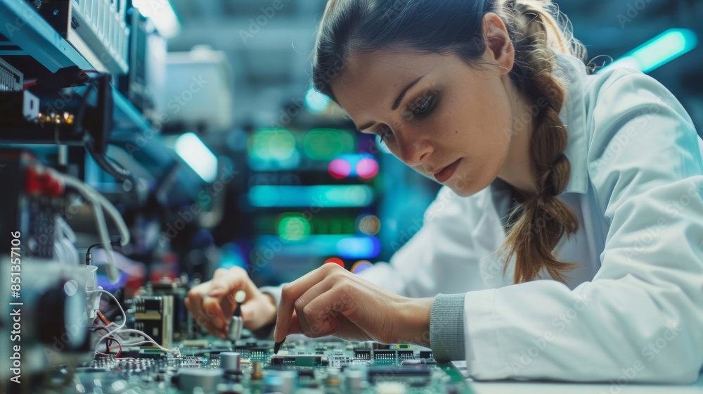 A female electrical engineer in a white lab coat is performing an ...