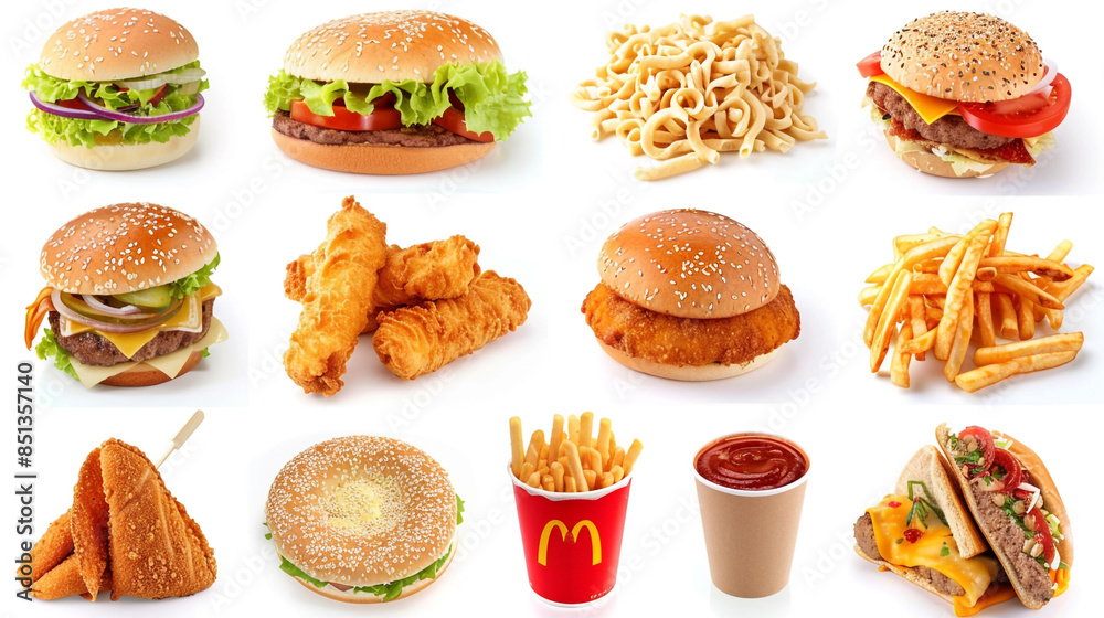 Set of fast foods products on white background. chicken burger ...