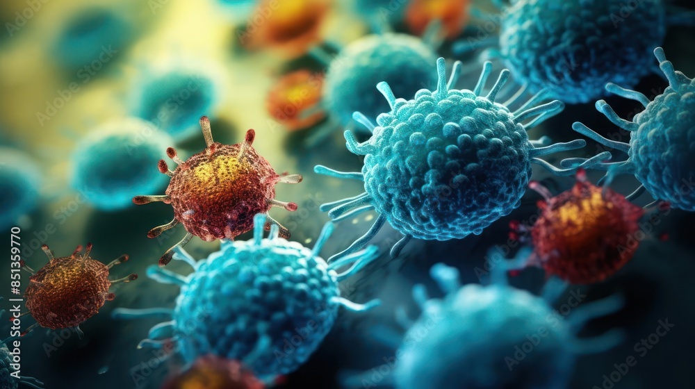 Microscopic view of colorful viruses under a digital microscope ...