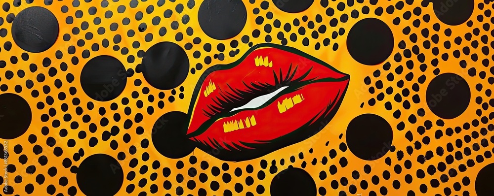 Pop art style illustration with bold red lips centered on a yellow and ...