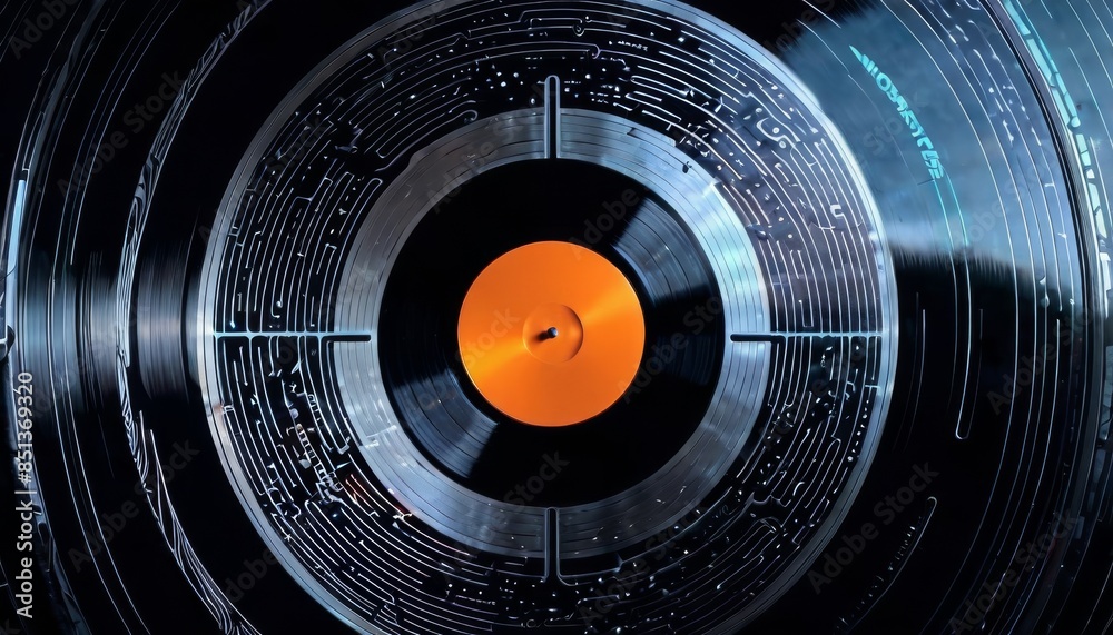 A close-up view of a vintage vinyl record with an orange label ...