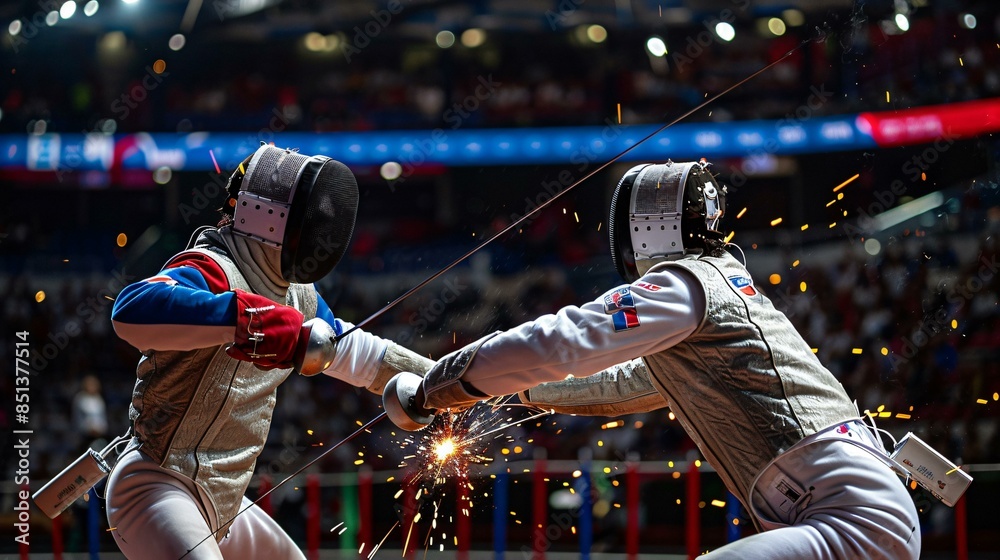 Two fencers lunge at each other in a dynamic fencing match sparks ...