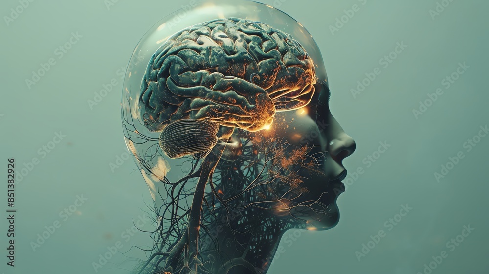 See-through head, overloaded brain inside, highly detailed Stock ...