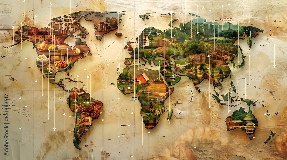 A photomontage depicting a map of the world with arrows connecting ...