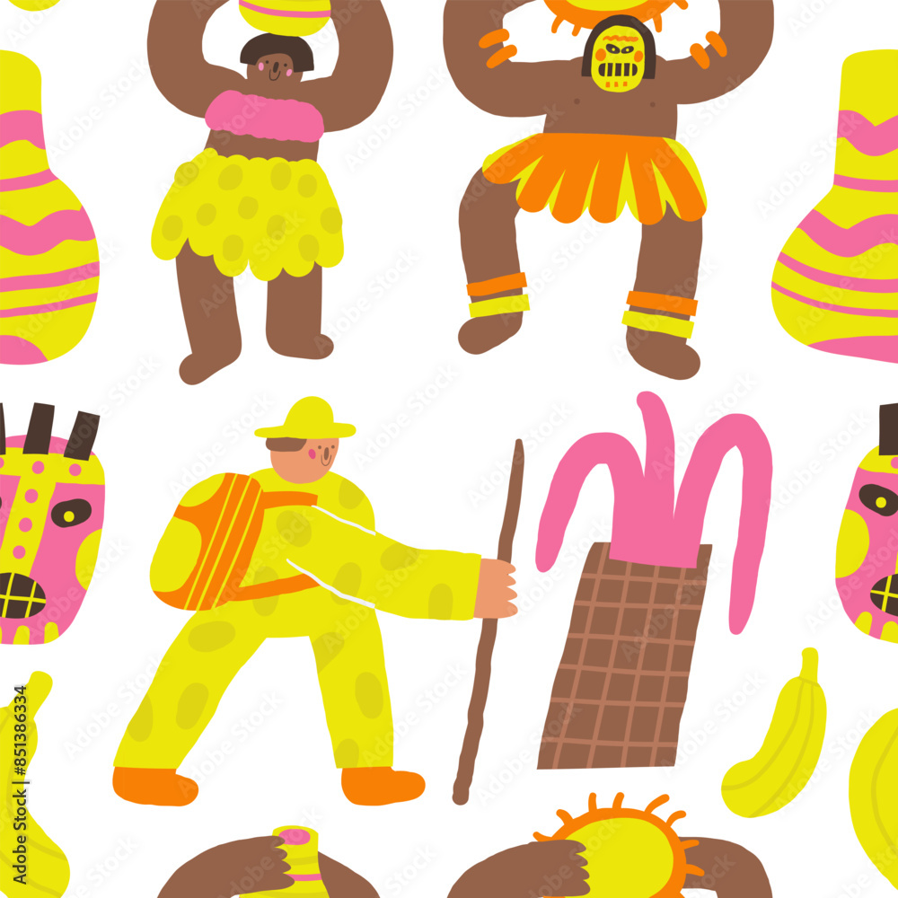 Cute jungle, wild nature seamless pattern. Funny hand drawn doodle ...