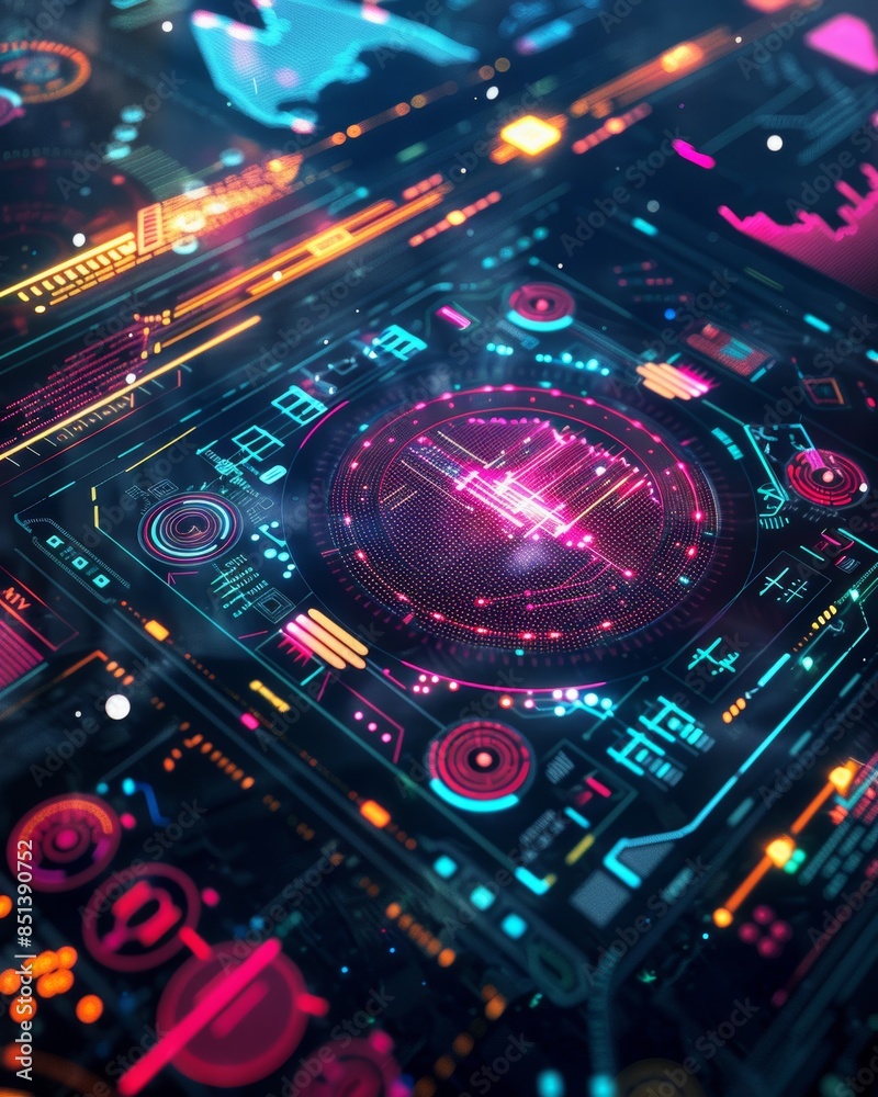 Explore a vibrant and futuristic Heads-Up Display (HUD) interface with a dynamic array of ...