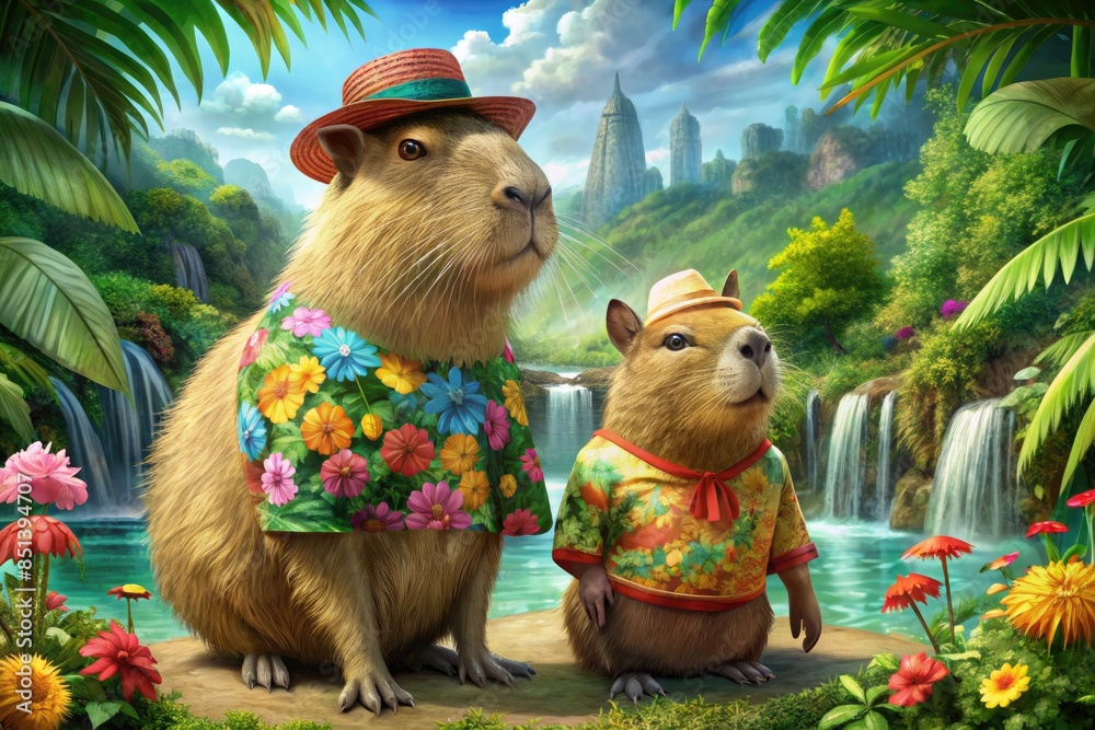 An illustration of a capybara and friend on a tropical adventure. The ...