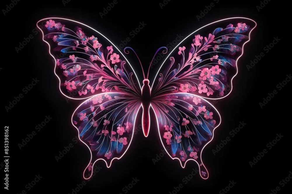 Stunning luminescent butterfly with high-gloss floral wings, glowing in ...