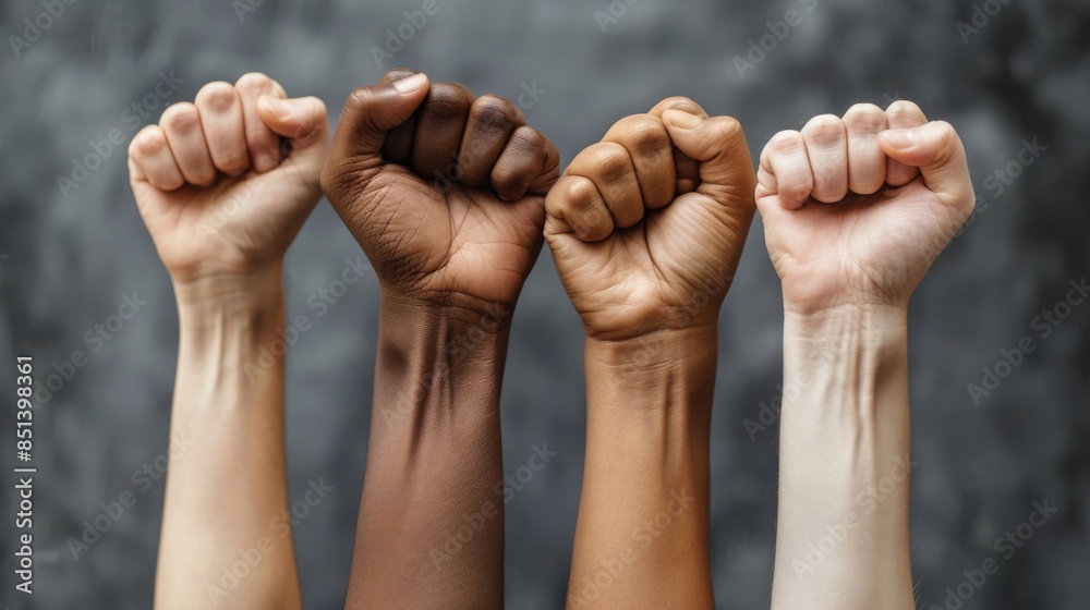 Hands of different people, of diverse race, skin color, gender raising ...