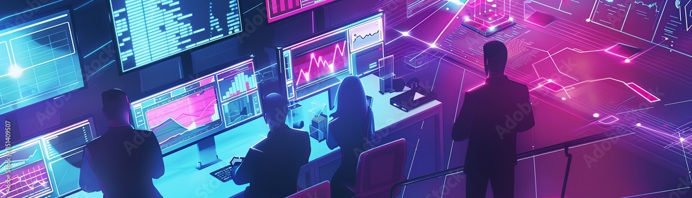 Hightech office with a diverse team analyzing blockchain transactions ... Hightech office with a diverse team analyzing blockchain transactions ...