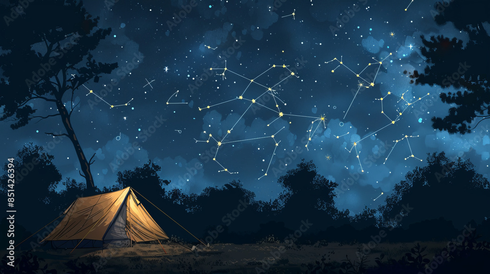 Constellations traced out in the night sky, Idyllic cozy nighttime ...