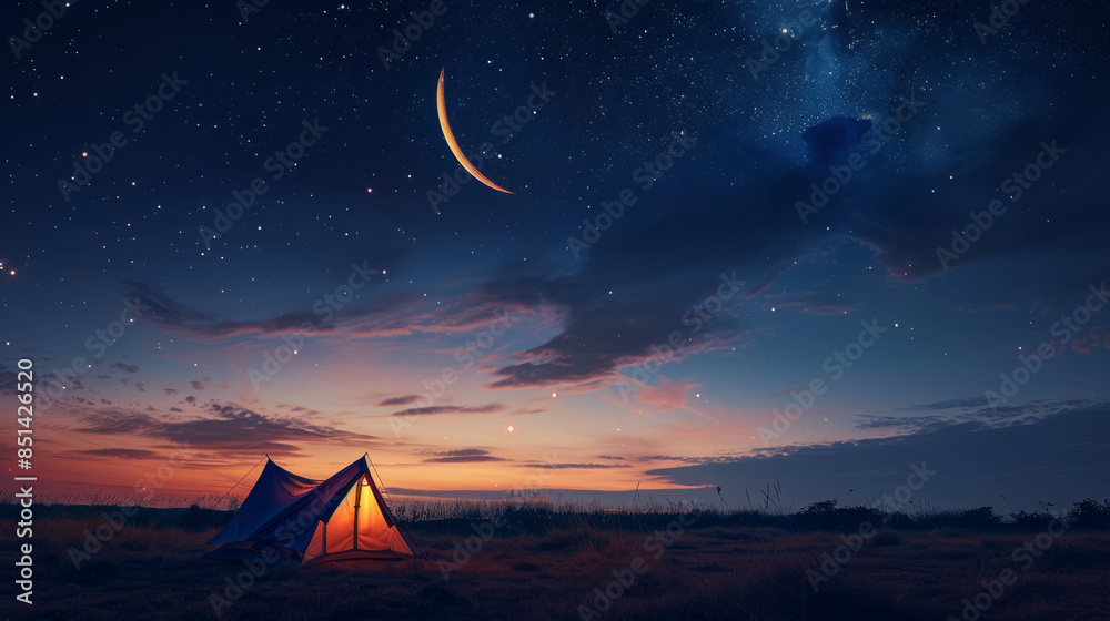 Idyllic cozy nighttime camping campground scene with one solitary tent ...