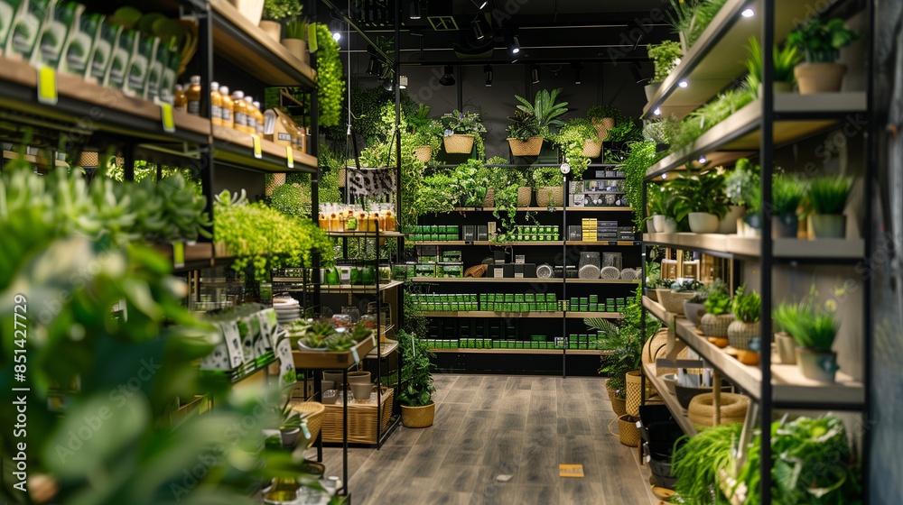 Green retail store interior with diverse plant varieties and eco ...