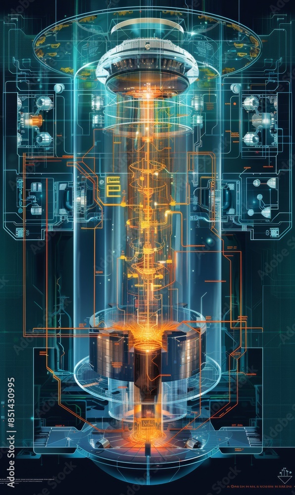 Cross-section view illustrating the flow of energy through a nuclear reactor, showing intricate ...