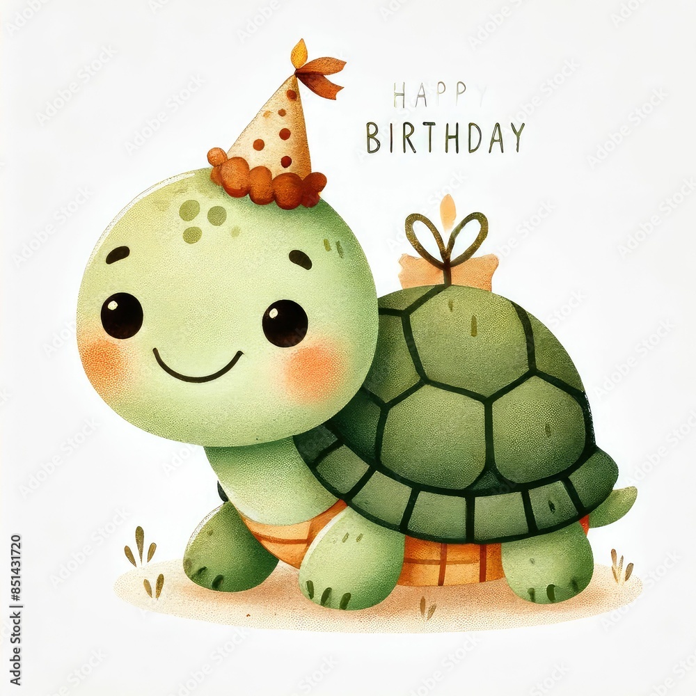 cute turtle, birthday theme. earth tone color, watercolor illustration ...