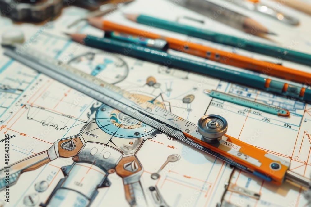 Detailed close-up of technical drawing supplies and blueprints ...