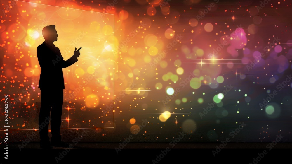 Political candidate in silhouette on stage with a glowing backdrop and ...