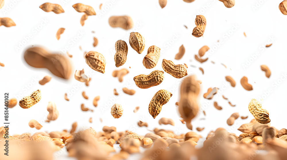 Collection of peanuts falling isolated on white background. Selective ...