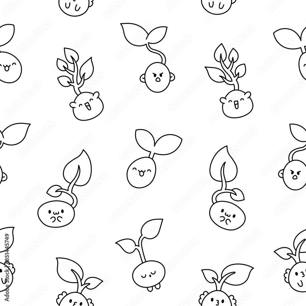 Cute kawaii seed with roots. Seamless pattern. Coloring Page. Bean ...