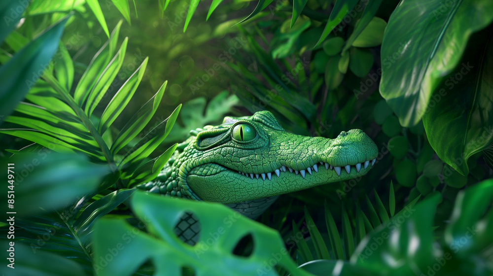 Green Crocodile Peeking Through Jungle Foliage. The detailed texture of ...