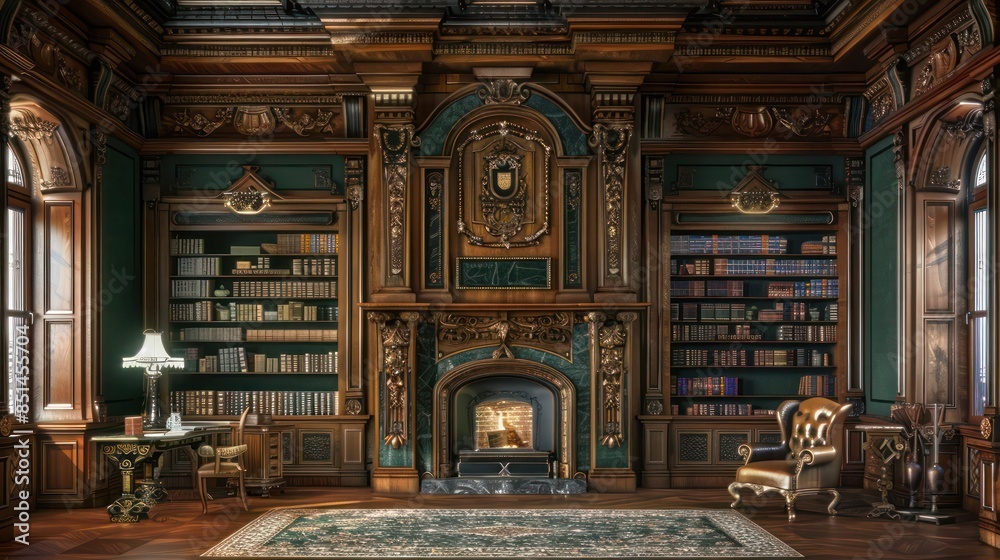 classic Victorian study with ornate woodwork, a grand fireplace, and ...