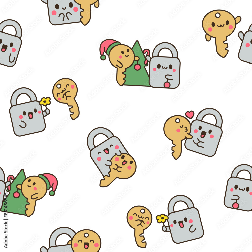 Cute kawaii padlock and key. Seamless pattern. Couple cartoon character ...
