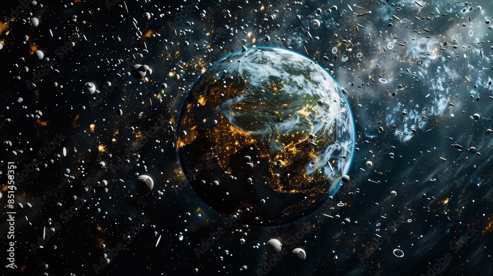 An artistic rendering of a planet surrounded by satellites and space ...