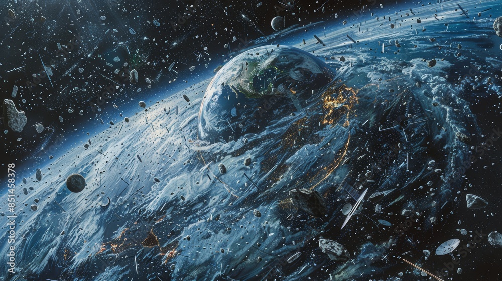 An artistic rendering of a planet surrounded by satellites and space ...