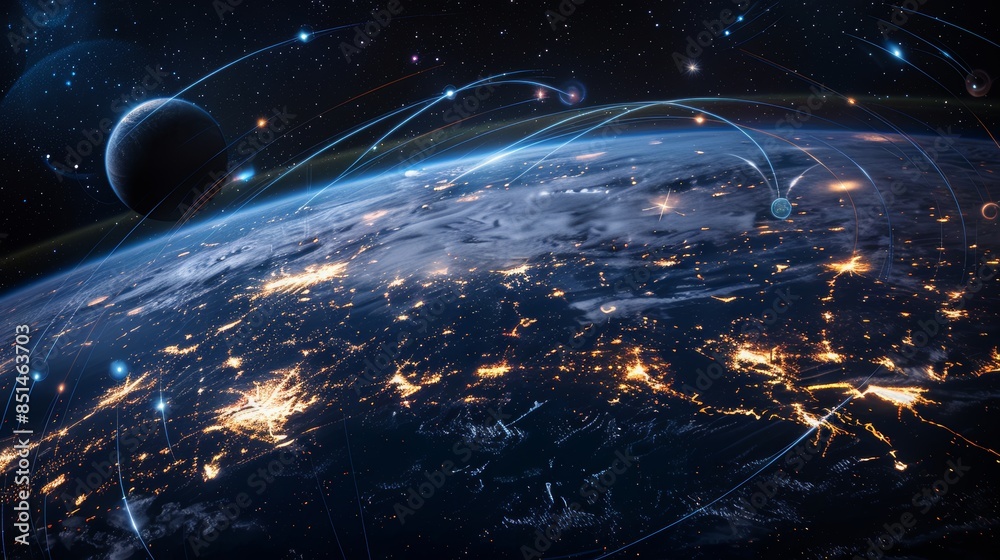 A detailed illustration of the orbits of different satellites around ...